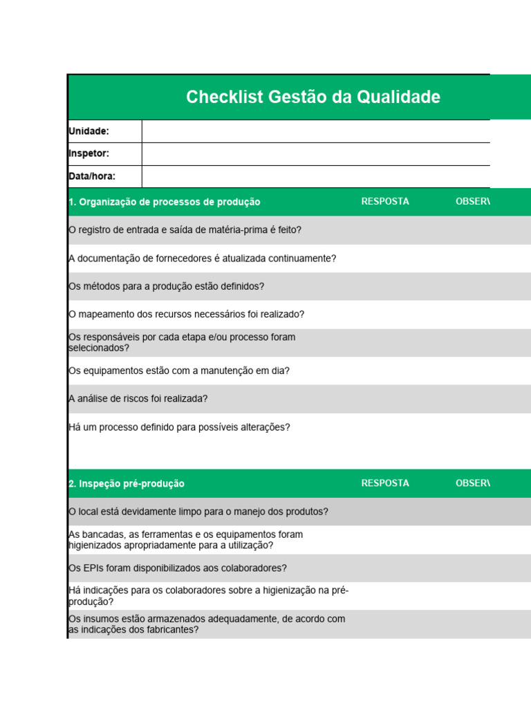 Checklist Gestao Da Qualidade | PDF | Qualidade (negócios) | Amostragem (Estatística)