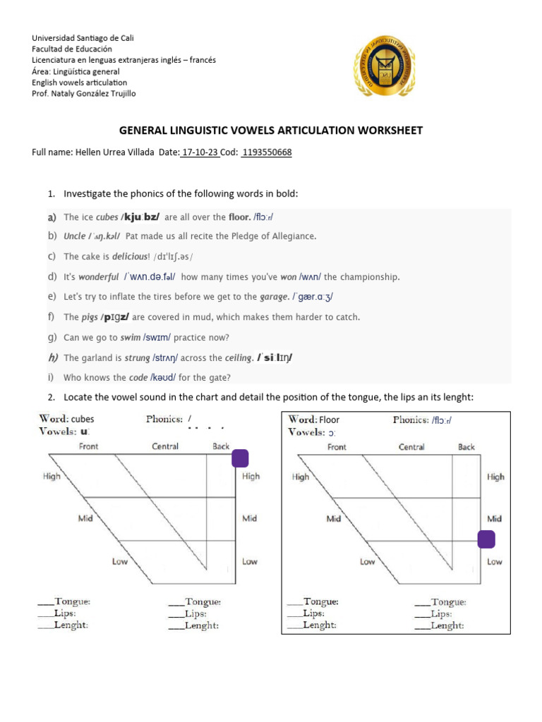 General Linguistic Vowels Articulation Worksheet | PDF