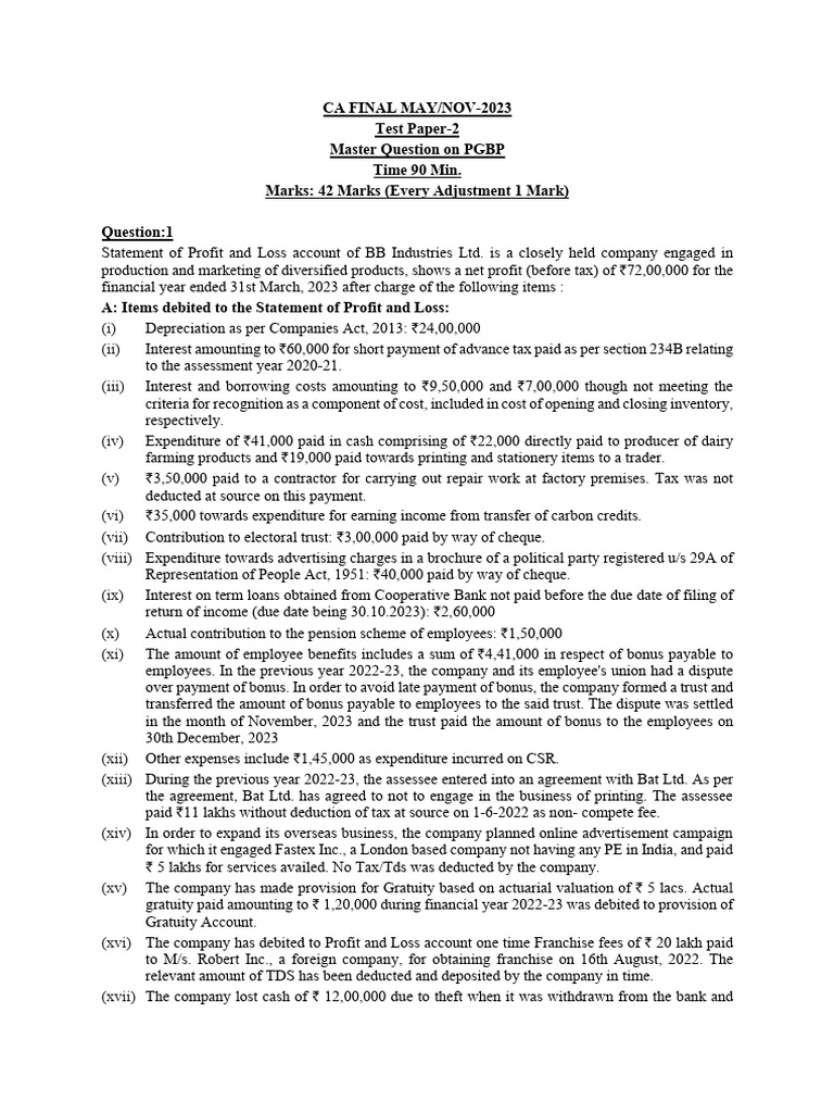 Test Paper-2 Master Question PGBP | PDF | Expense | Income Statement