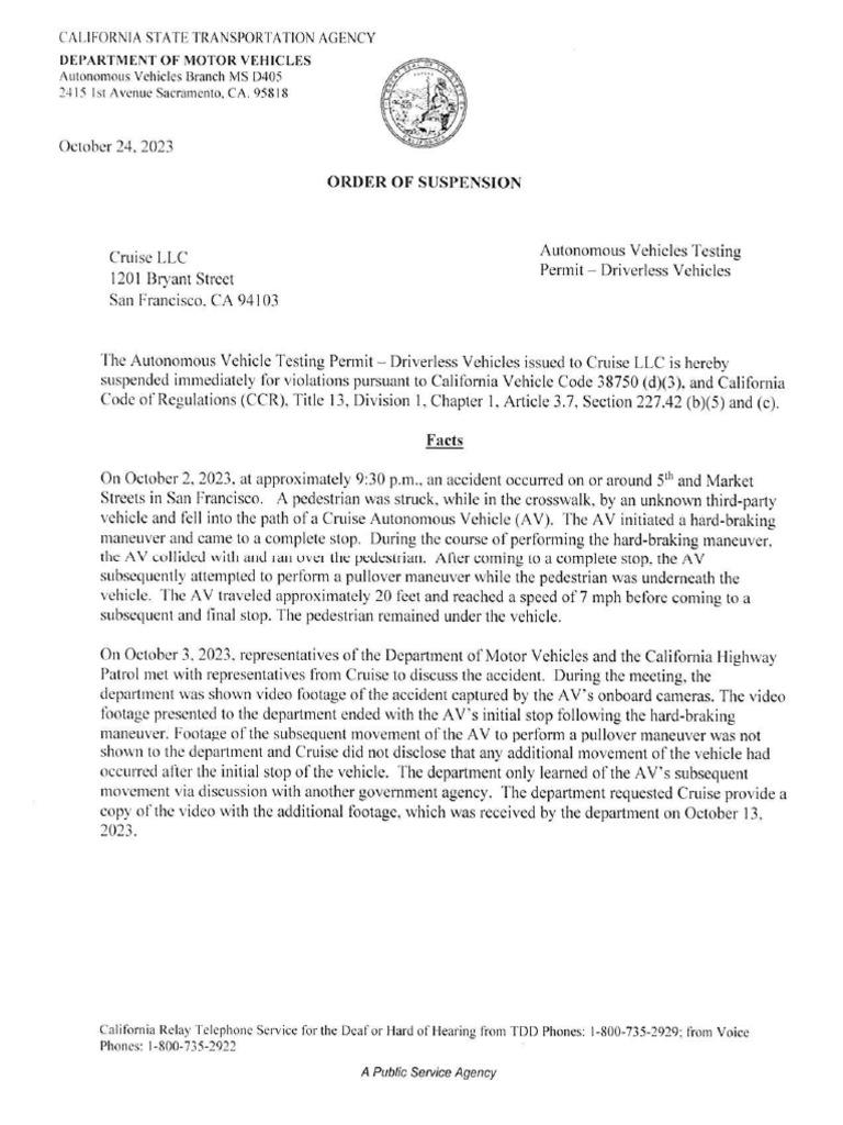 California DMV - Orders of Suspension To GM-owned Cruise | PDF