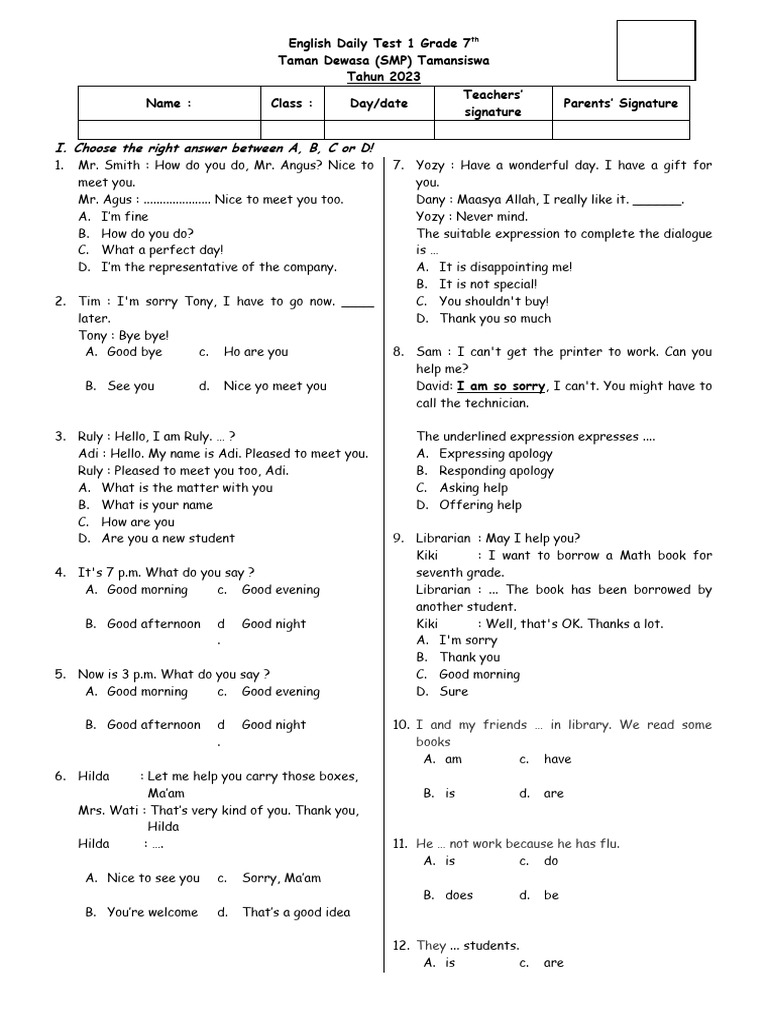 English Daily Test 1 Grade 7th | PDF