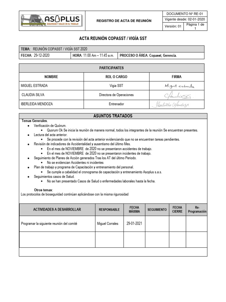 Modelo ACTA de Reunion Copasst | PDF