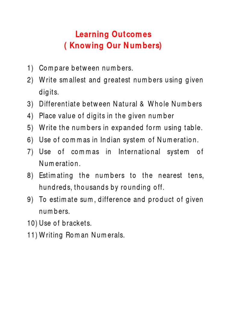 Learning Outcomes (Knowing Our Numbers) | PDF