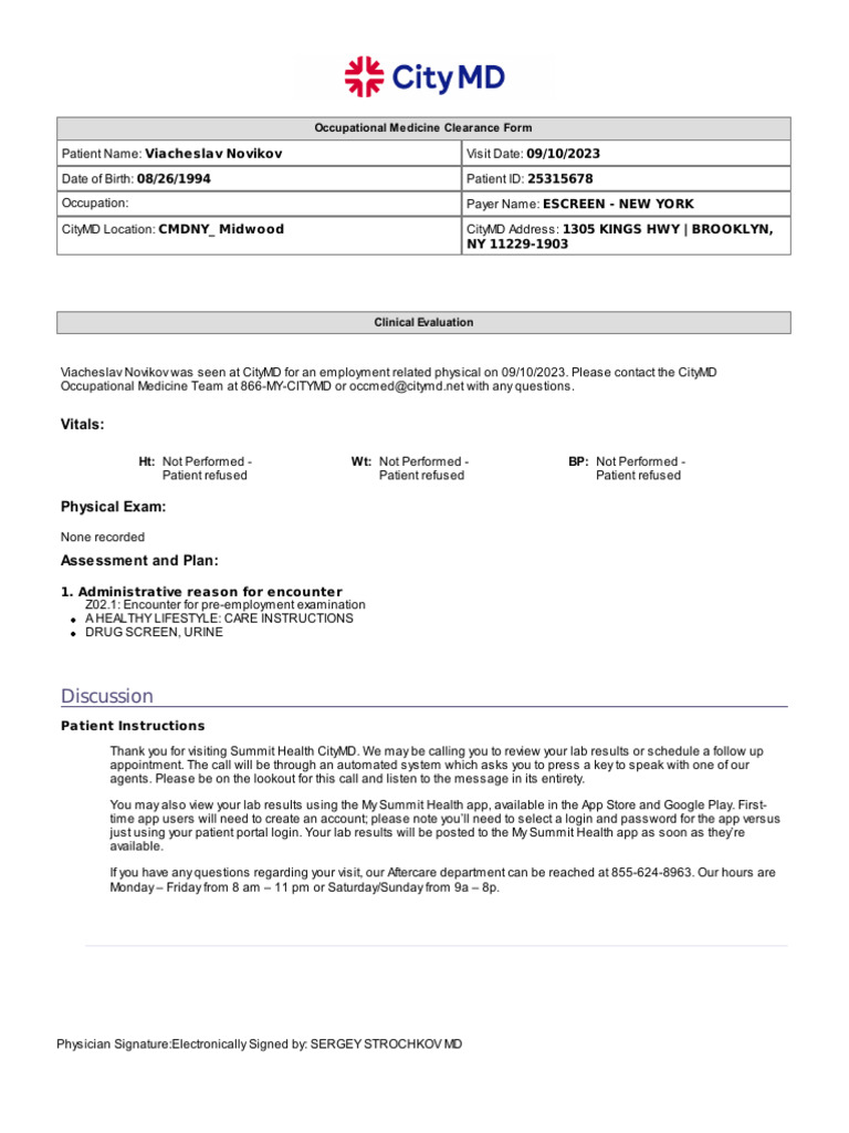 CityMD Occupational Medicine Clearance Form | PDF | Science & Mathematics
