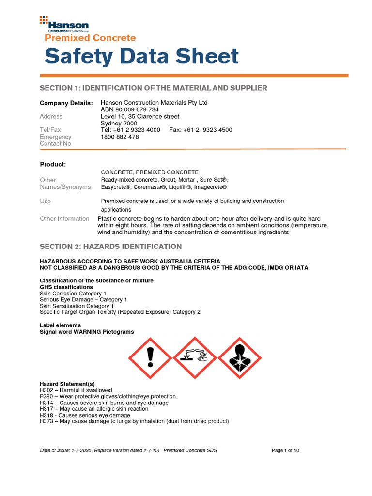 Safety Data Sheet Sds Hanson Premixed Concrete 2020 | PDF