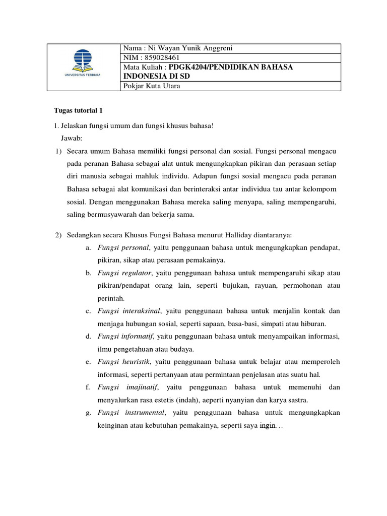 Tugas Tutorial 1 Bhs. Indonesia - Ni Wayan Yunik Anggreni | PDF | Seni & Disiplin Bahasa