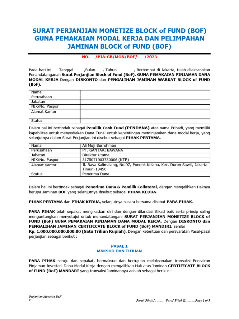 Contoh Draft Perjanjian Monetize Bof | PDF