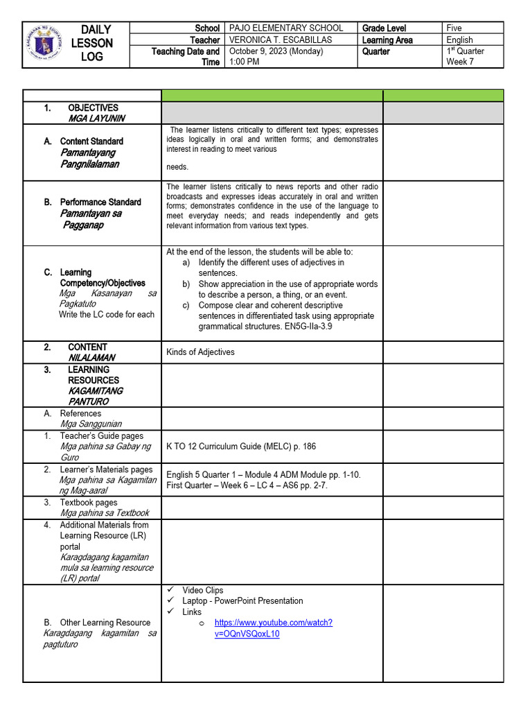 Cot 1 English 5 Week 6 | PDF | Learning | Educational Technology