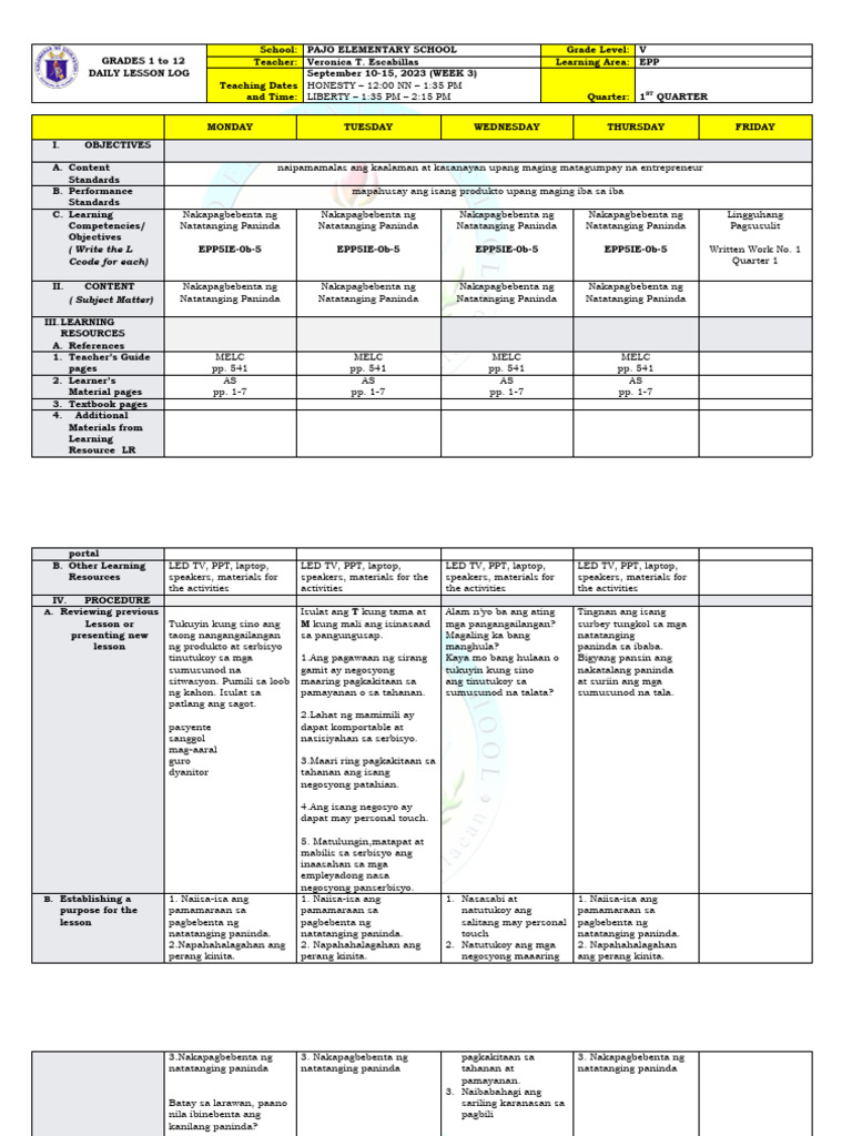 DLL - EPP W3 Q1 The Finale | PDF