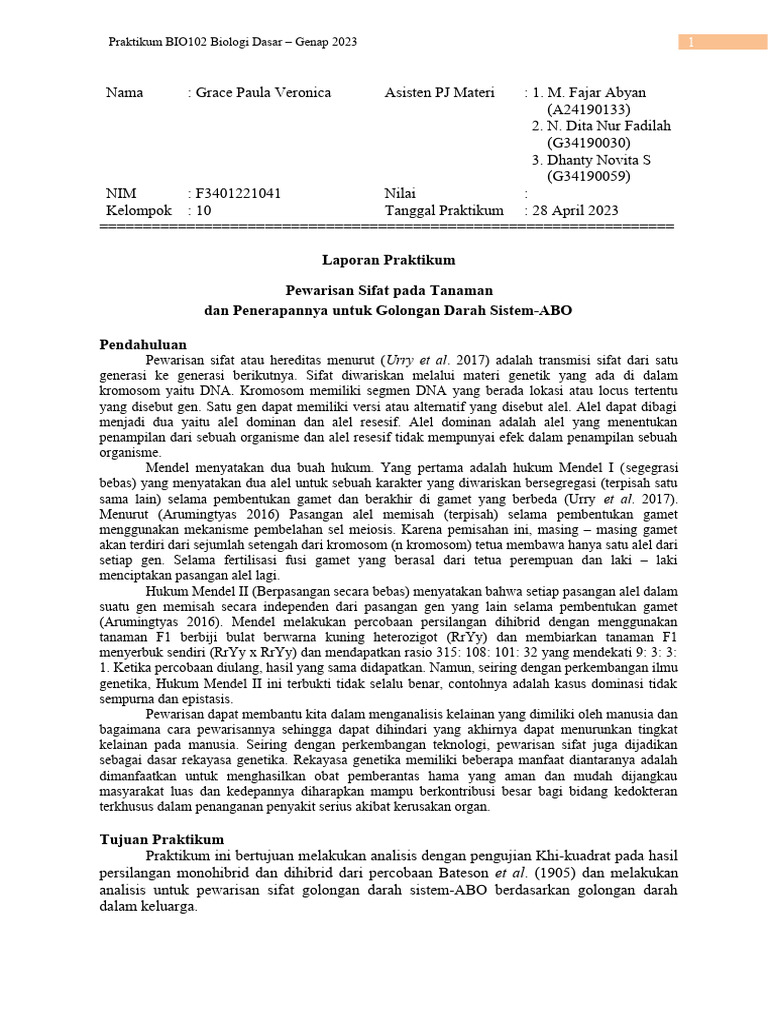 Grace Paula Veronica - F3401221041 - Kel 10 - Pewarisan Sifat Dan Penerapannya | PDF
