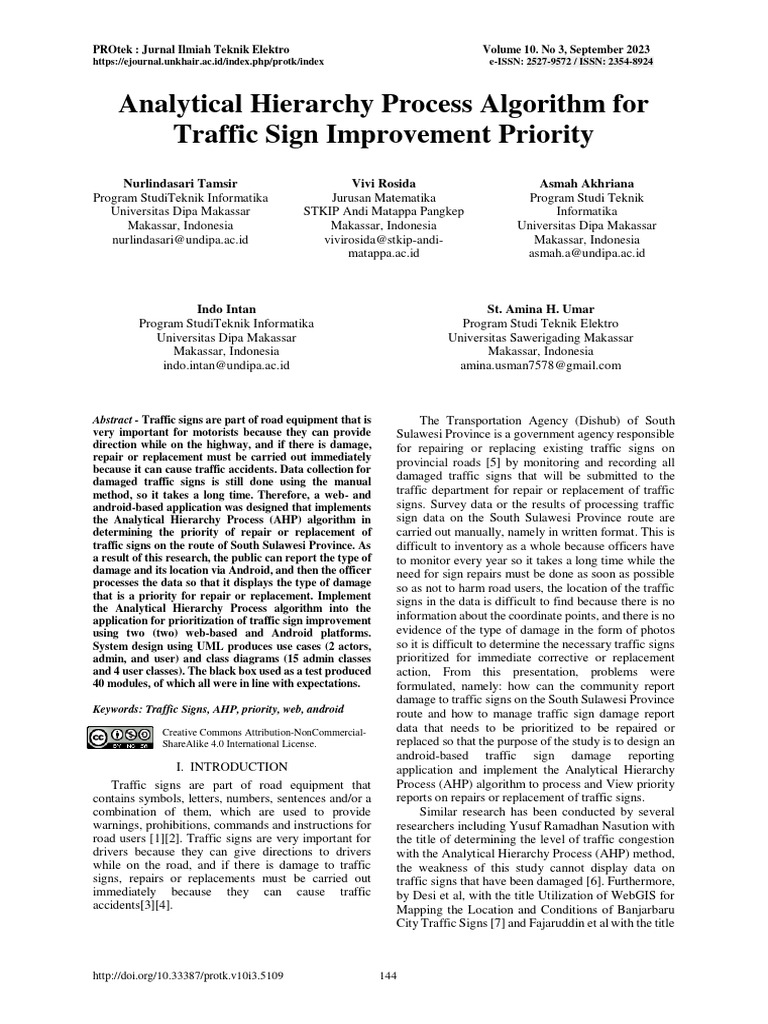 2023 Analytical Hierarchy Process Algorithm For Traffic Sign Improvement Priority Pdf Matrix