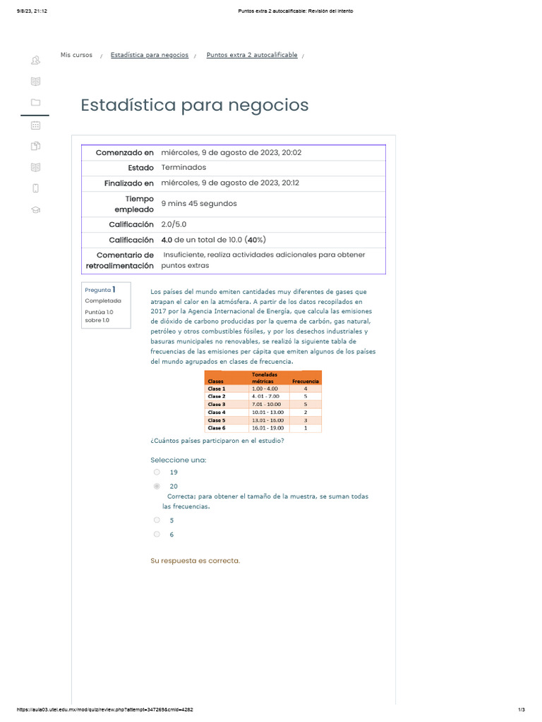 Puntos Extra 2 Autocalificable - Revisión Del Intento Estadistica para Los Negocios | PDF ...