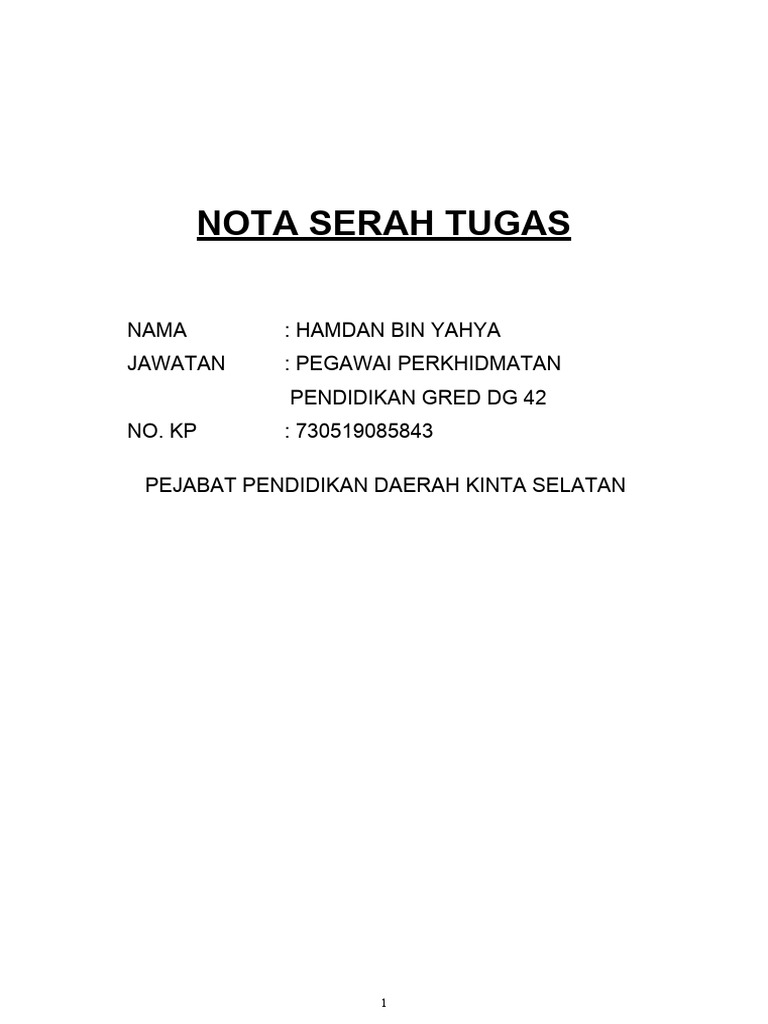 Nota Serah Tugas Hamdan | PDF Nota Serah Tugas Hamdan | PDF