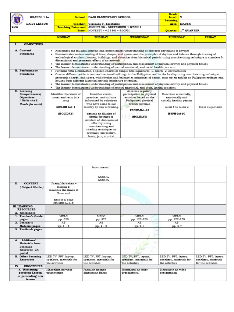 DLL - Mapeh W1 Q1 | Download Free PDF | Cognitive Science | Learning