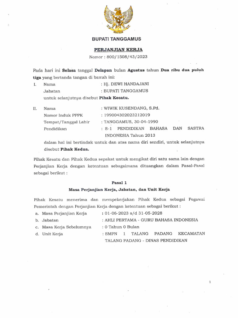 Surat Perjanjian Kerja - PPPK - 2023 | PDF