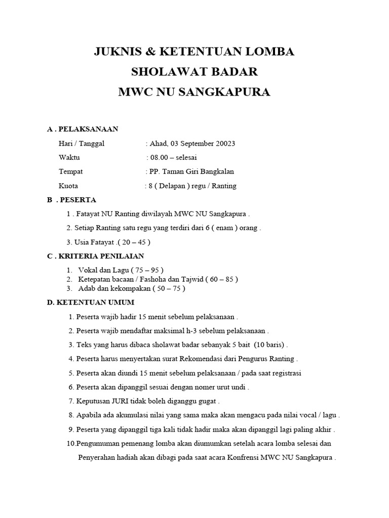 Juknis Lomba Sholawat Badar | PDF