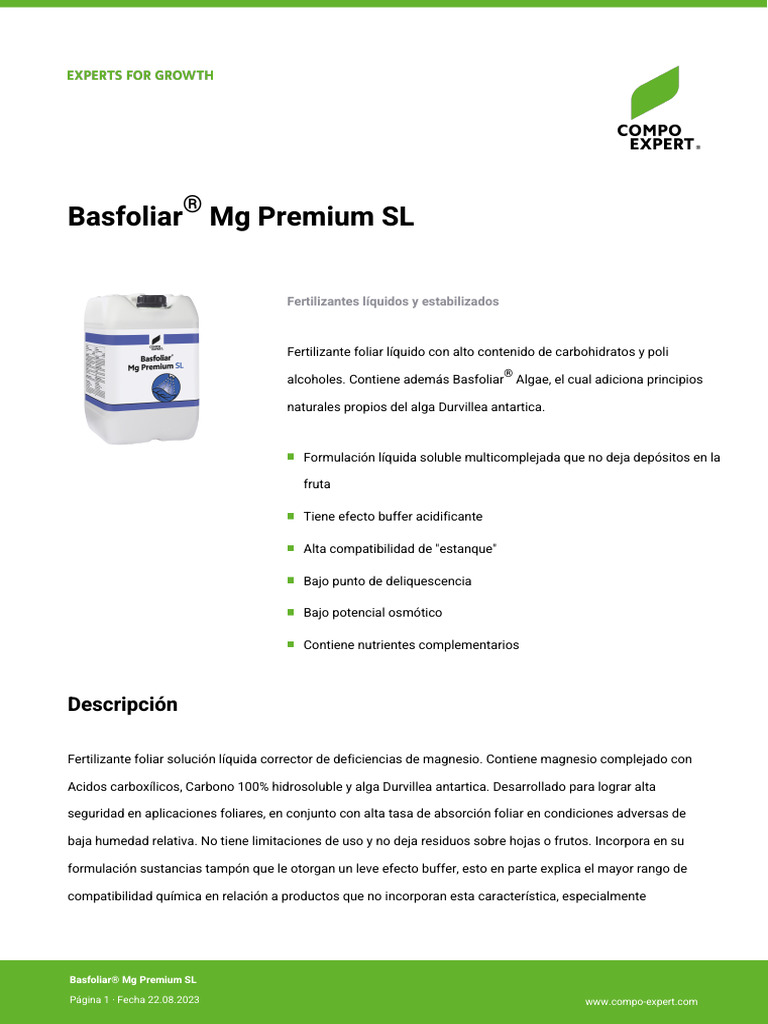 Basfoliar MG Premium SL | PDF | Solución tampón | Fertilizante