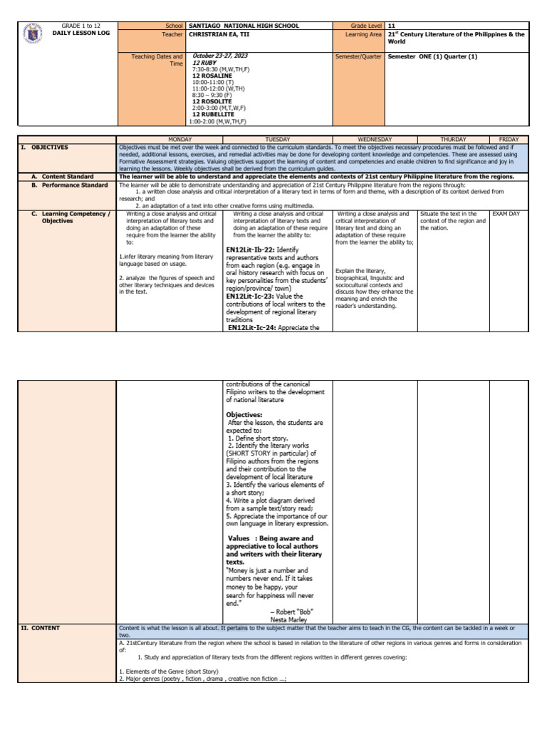 DLL For COT1 - Oct24 - 21st LIT - Ea | PDF | Learning | Cognition