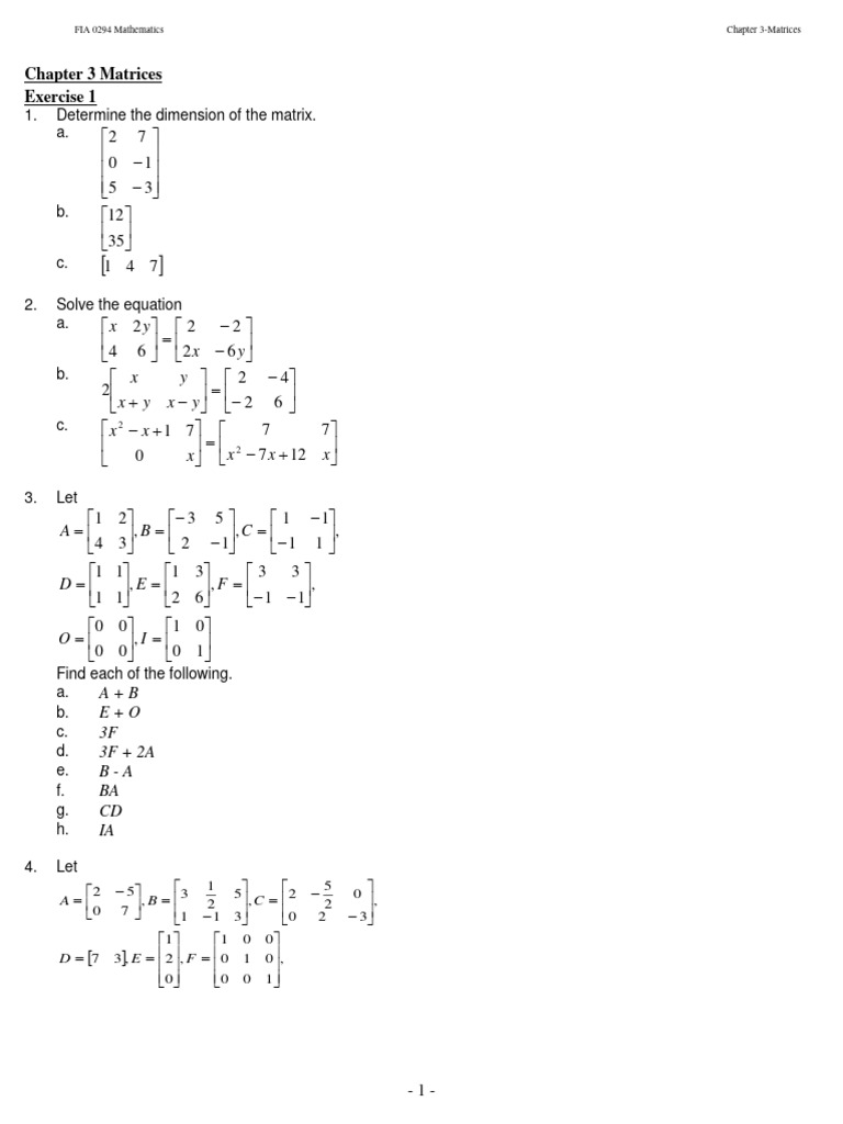 Exercise Chapter 3 Matrices | PDF | Matrix (Mathematics) | Functions ...