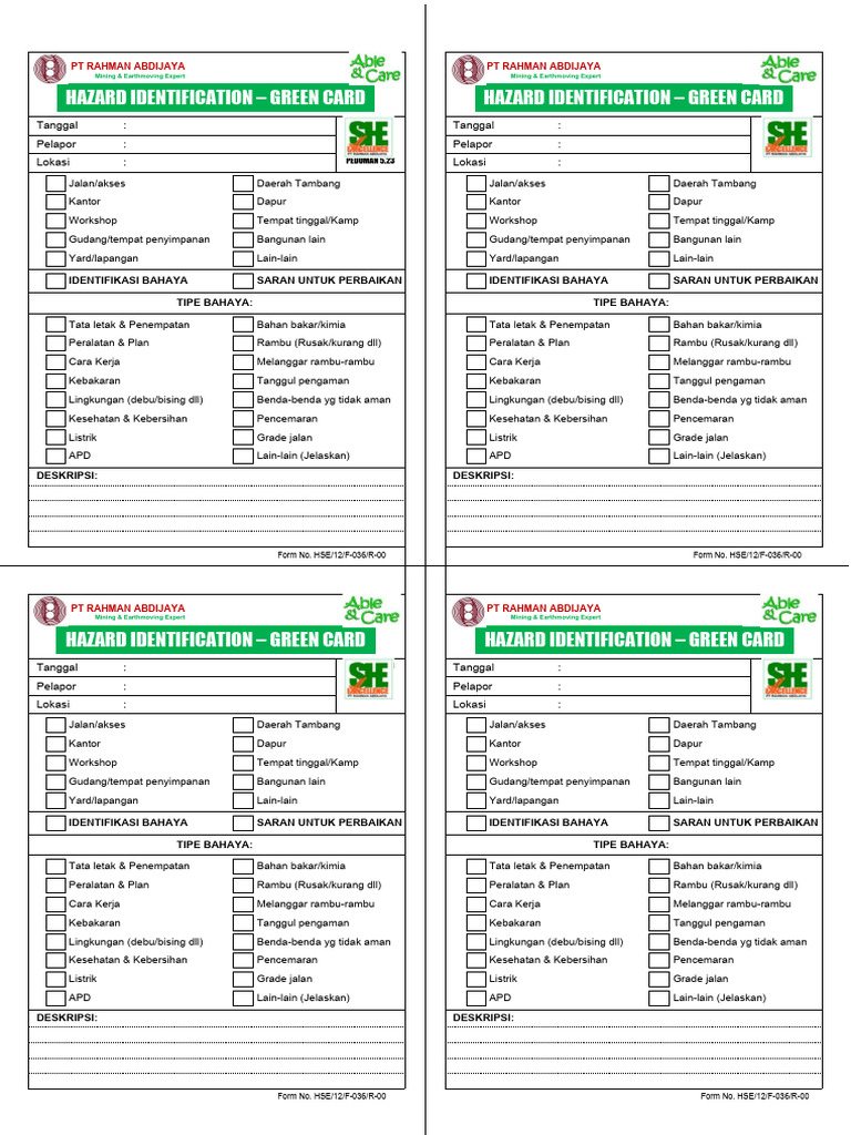 HSE 12 F036 R0 Form Hazard Identification - Green Card | PDF