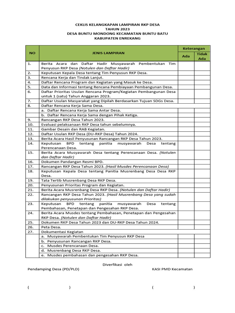 Ceklis Kelangkapan Lampiran RKP Desa | PDF