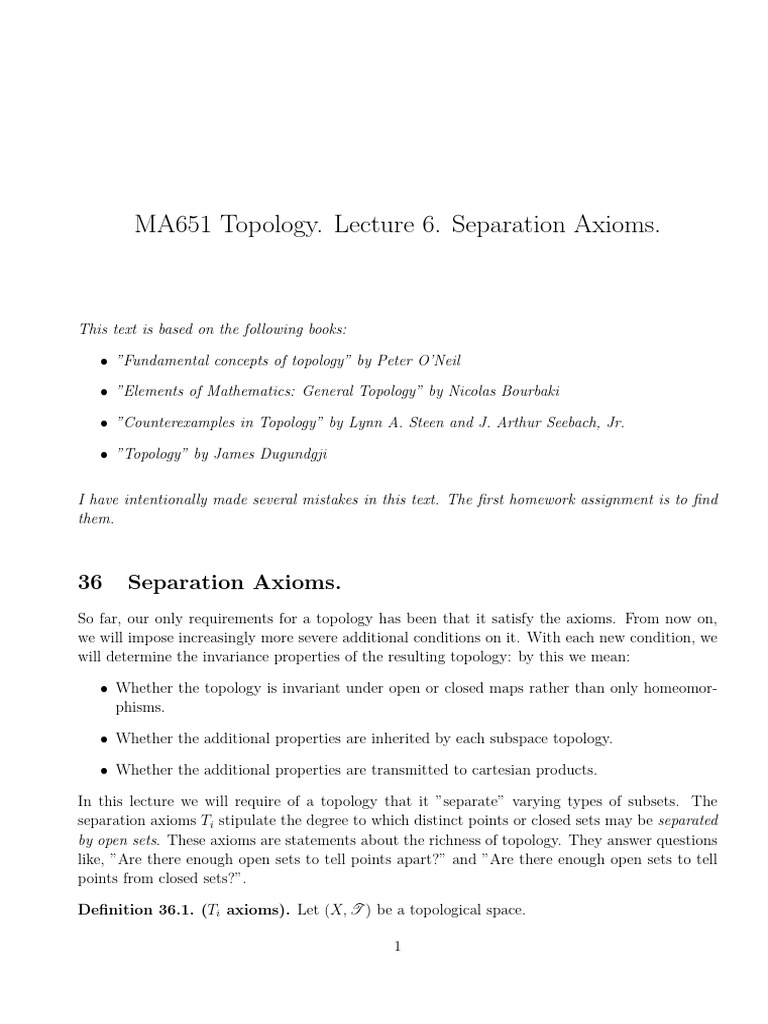 Ma651 Topology Lecture 6 Separation Axioms | PDF | Continuous Function | Mathematical Concepts