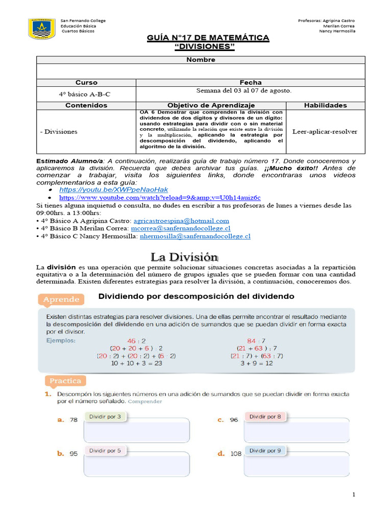 Guía de Divisiones 4° Básico | PDF | División (Matemáticas) | Educación ...