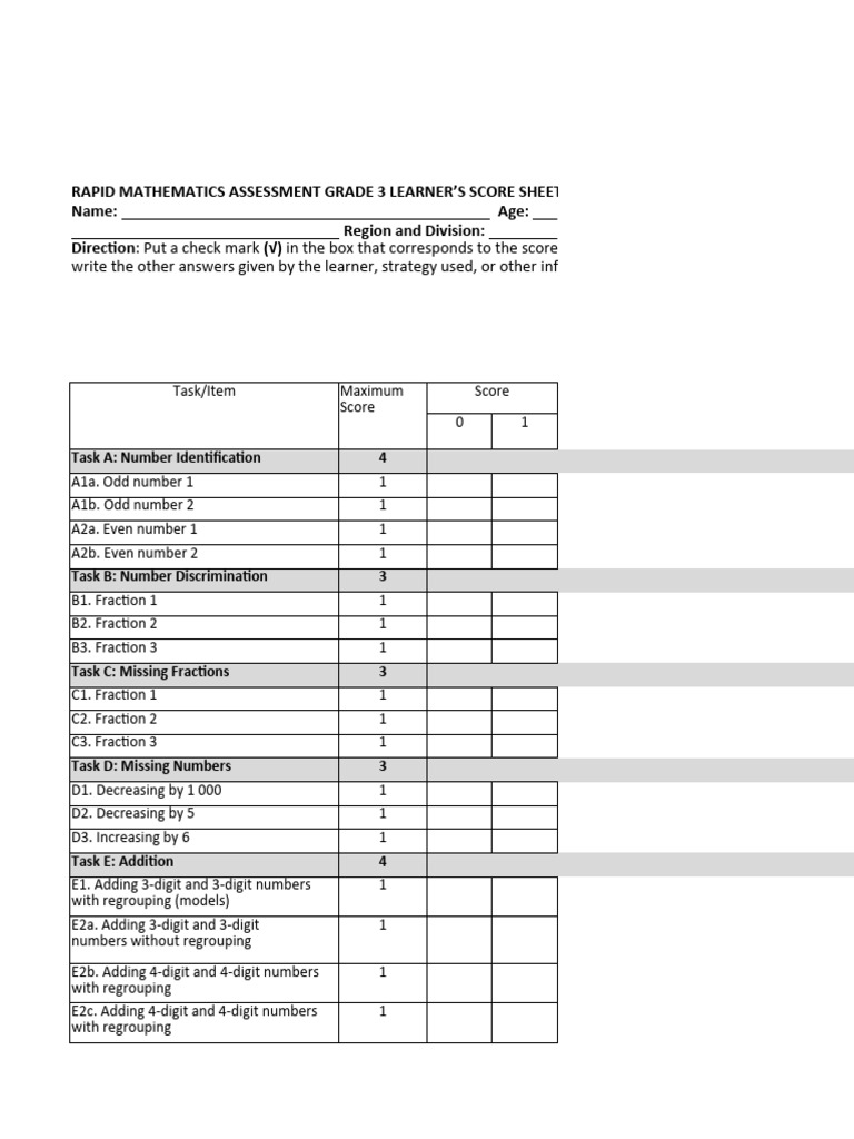 RMA - Grade 3 Learner Scoring Sheet | PDF | Elementary Mathematics | Mathematics