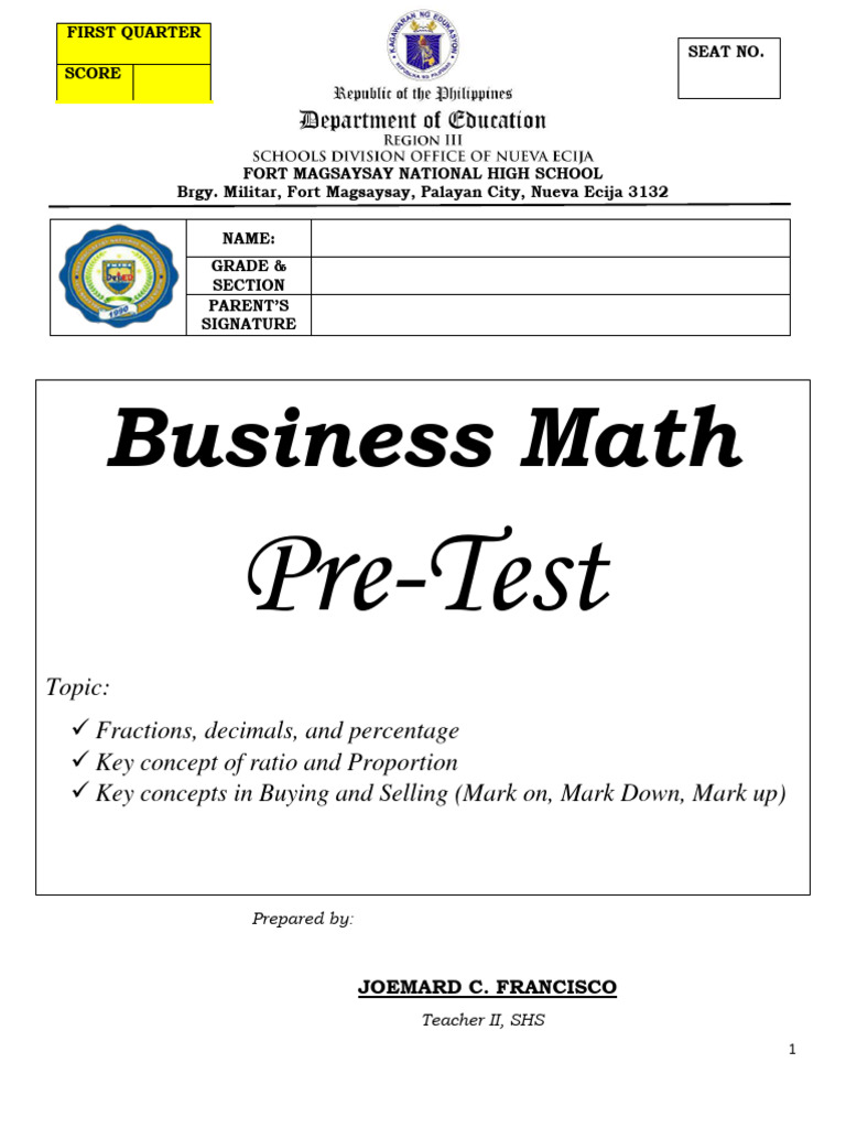 Business Math Pre-Test Grade 11 | PDF