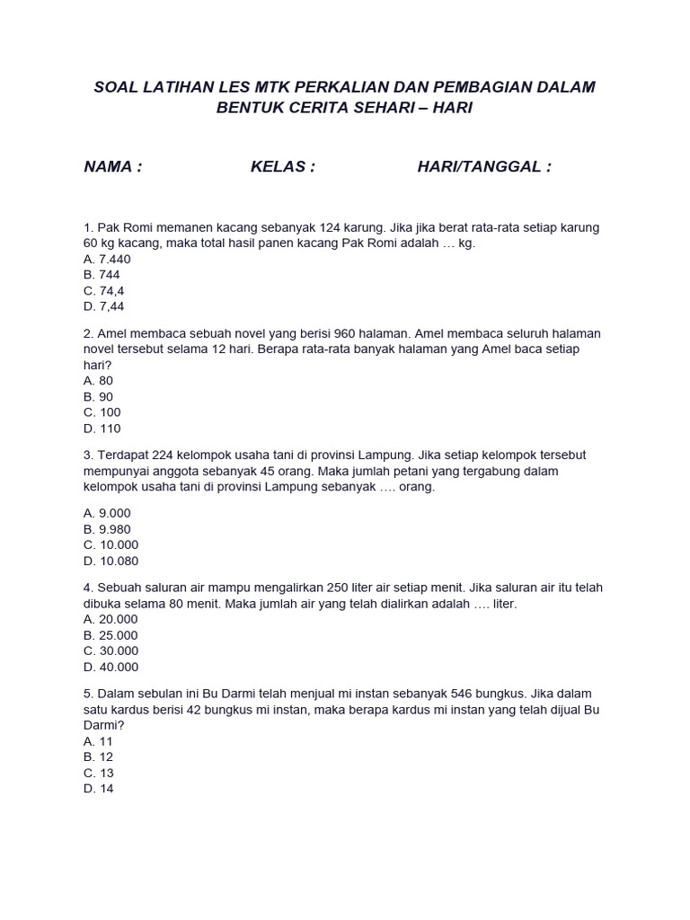 Soal Latihan Les MTK Perkalian Dan Pembagian Dalam Bentuk Cerita Sehari | PDF