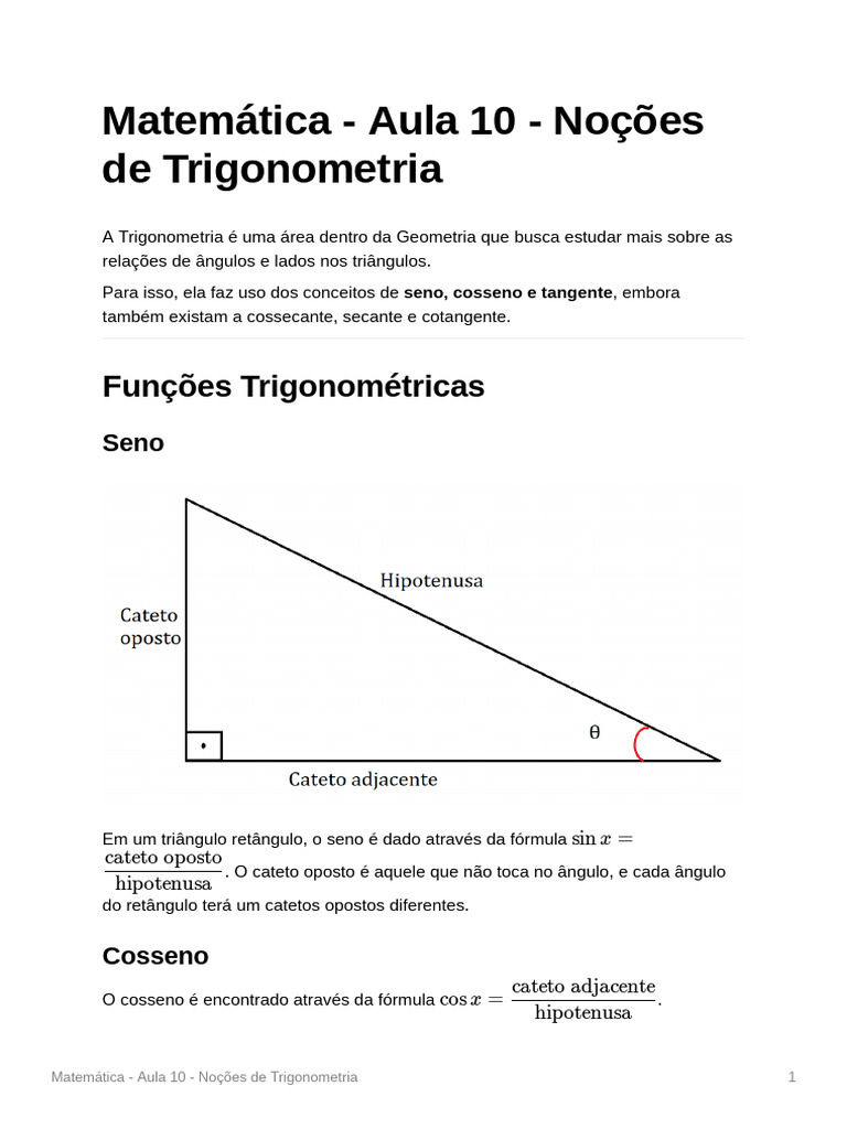 Matemática Aula 10 Noções De Trigonometria Pdf
