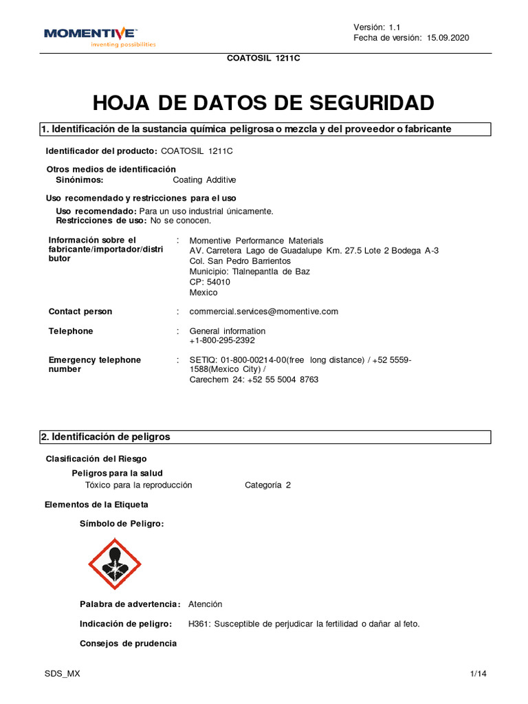 SDS_MX_COATOSIL 1211C_104355_COATOSIL 1211C TSD 204KG_1X | PDF | Agua ...
