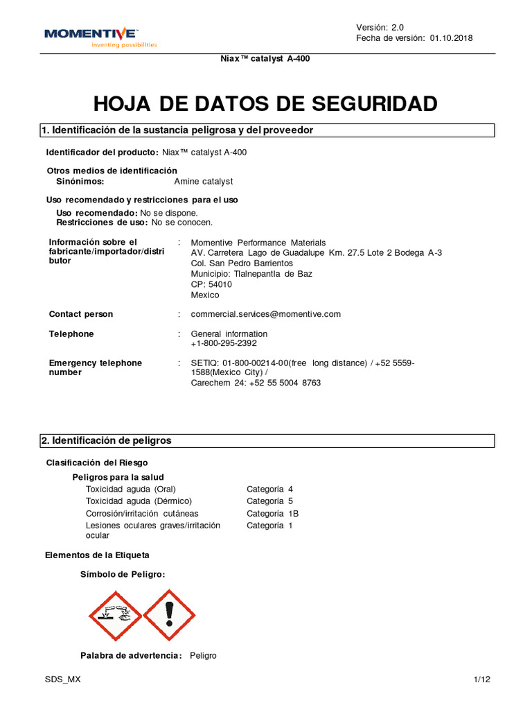 SDS - MX - Niax™ Catalyst A-400 - 50734 - A-400 STL DR 204KG - 1X | PDF ...