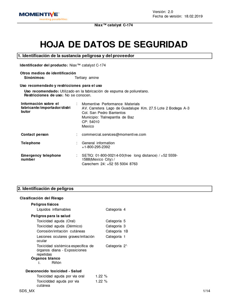 SDS - MX - Niax™ Catalyst C-174 - 98548 - C-174 STL DR 191KG - 1X | PDF ...
