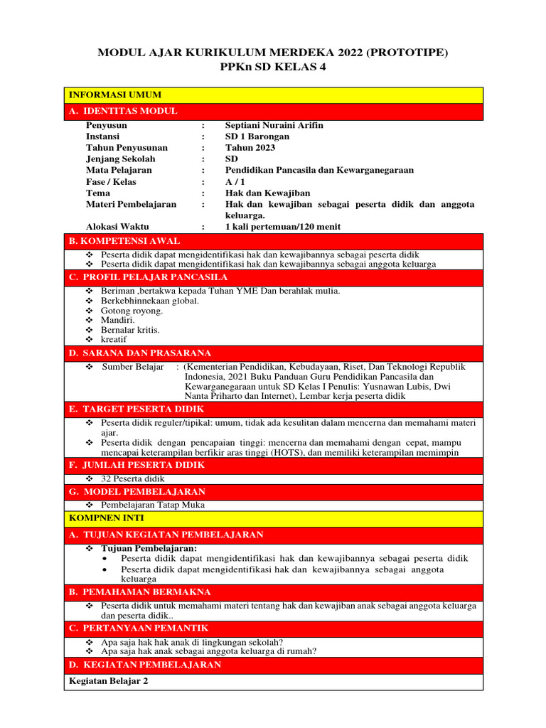 Modul Ajar Pendidikan Pancasila Kelas 1 B | PDF