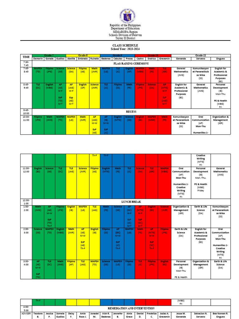 Class Schedule For SY 2023 2024 | PDF | Youth | Educational Years