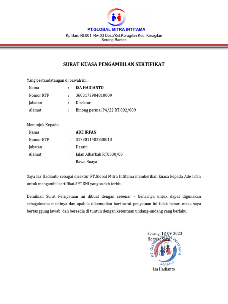 Surat Kuasa Pengambilan Sertifikat SPT SNI | PDF