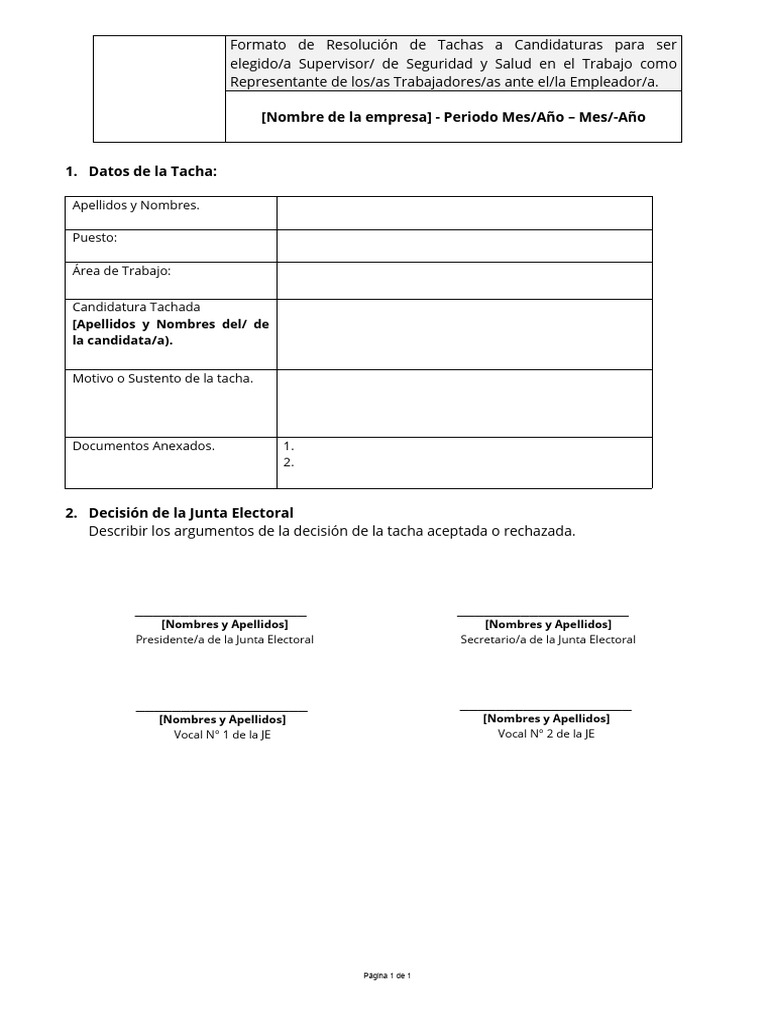 Formato de Resolución de Tachas a Candidaturas para Supervisor SST, RM-245-2021-TR | PDF