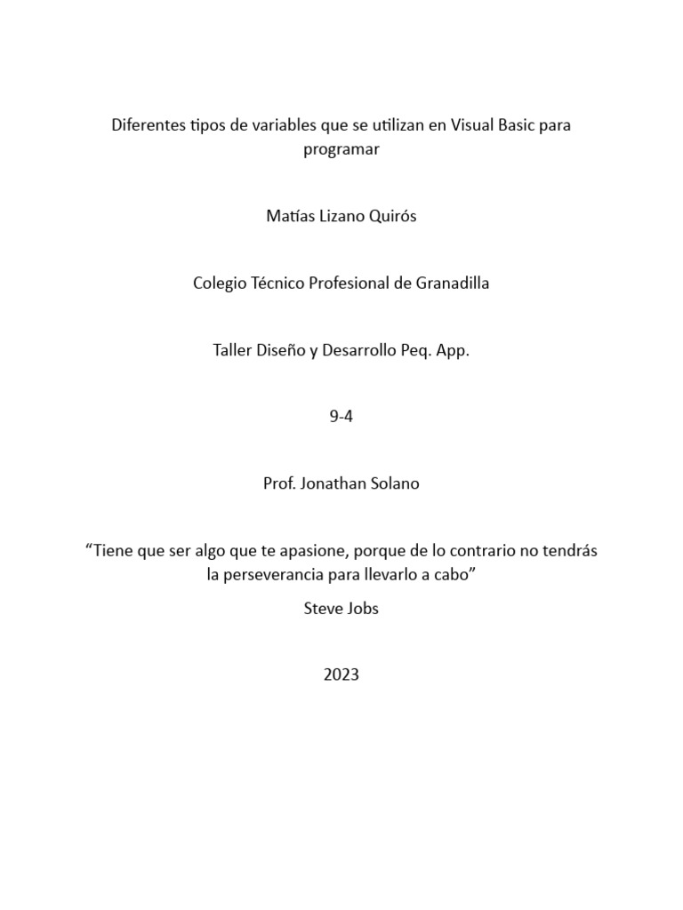 Variables en Visual Basic | PDF | Tipo de datos | Básico Variables en Visual Basic | PDF | Tipo de datos | Básico