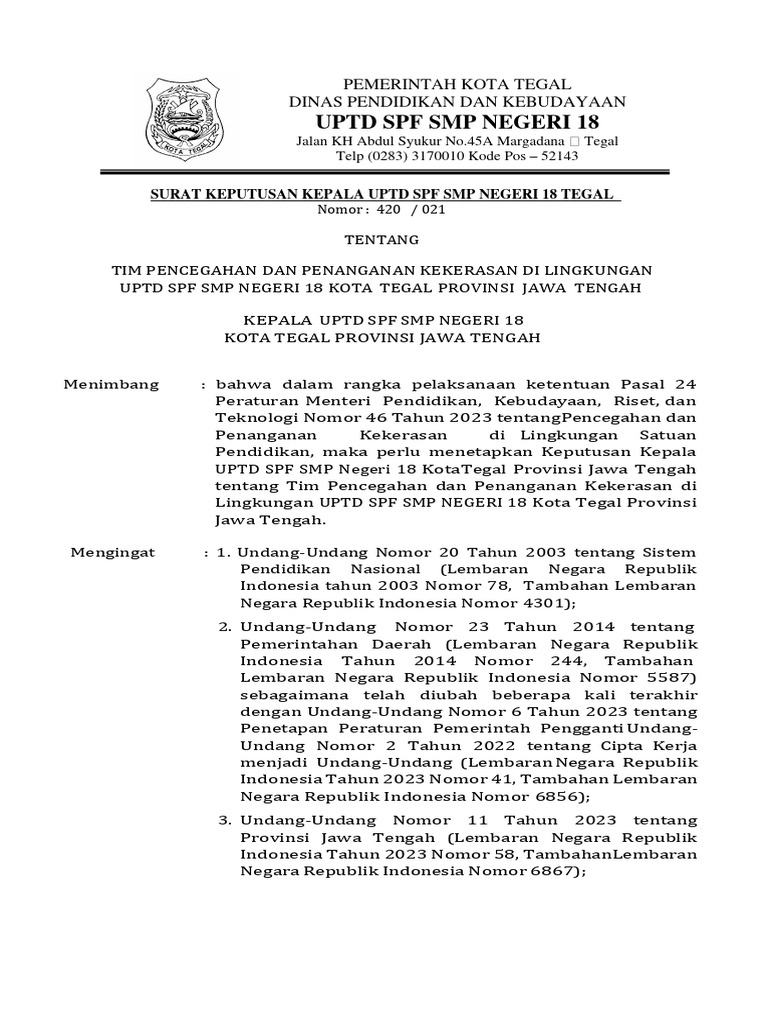 SK PPKS - SMP N 18 Tegal | PDF