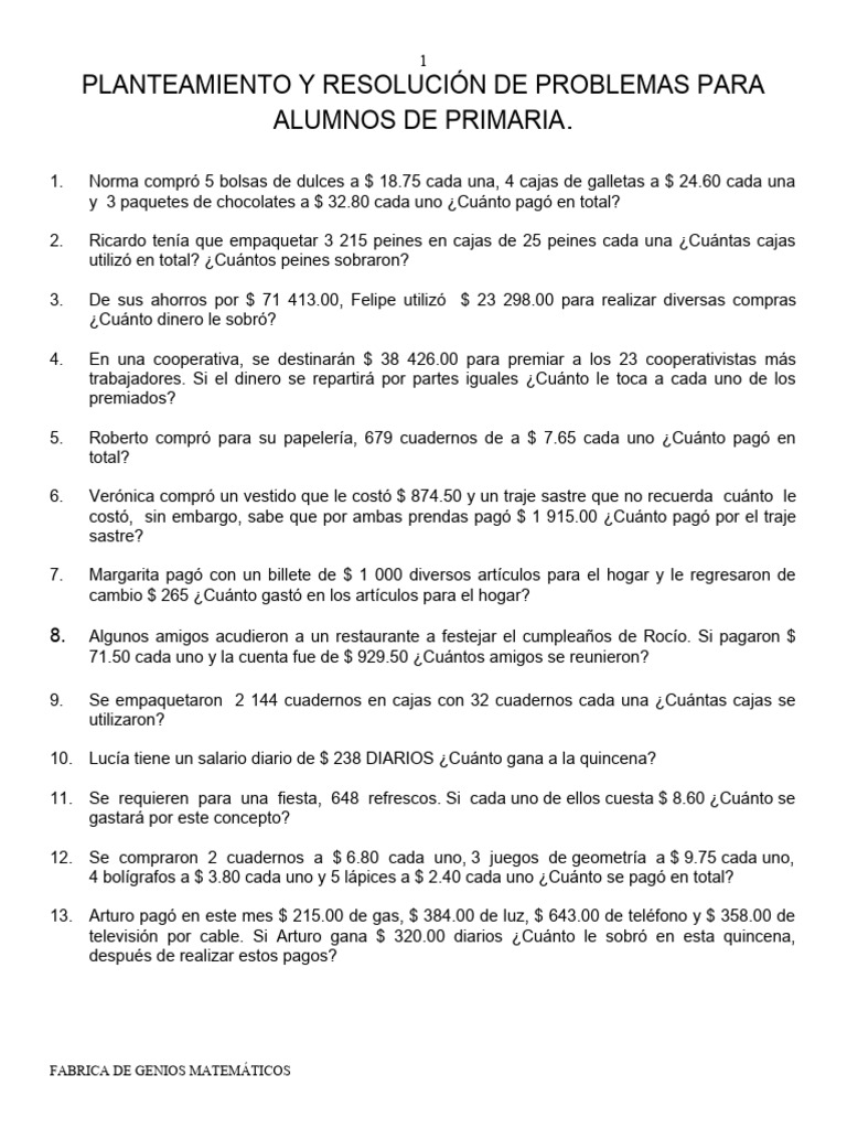 Problemas Matemáticos para Primaria | PDF