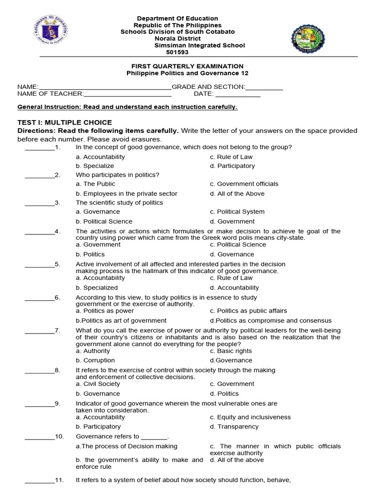 Test I: Multiple Choice Directions: Read The Following Items Carefully ...