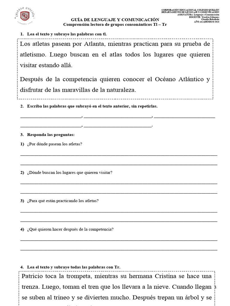 Comprensión Lectora: Grupos Tl y Tr | PDF | Estudios de idiomas extranjeros
