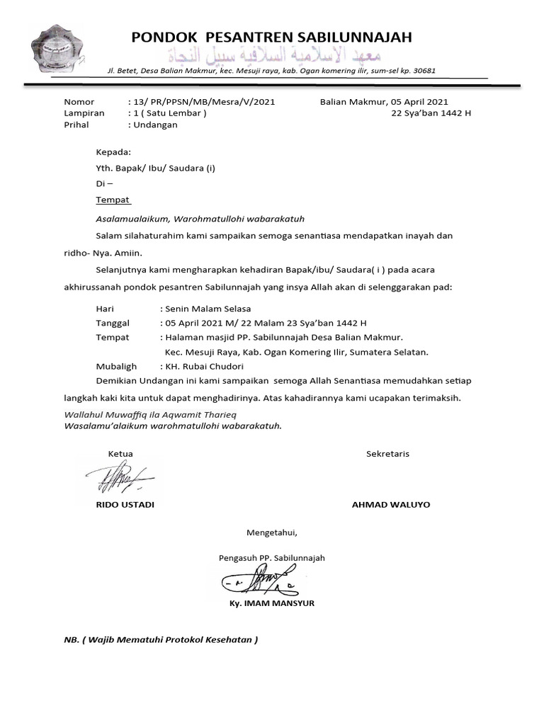 Undangan PENGURUS PONDOK PESANTREN SABILUNNAJAH | PDF