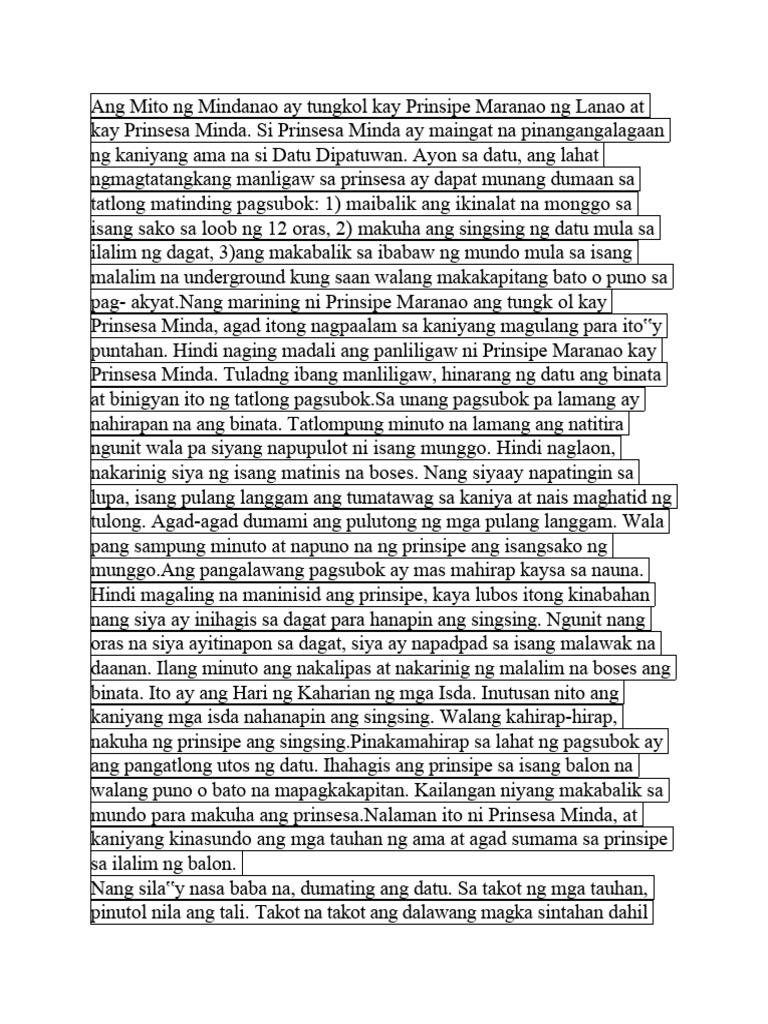 Ang Mito NG Mindanao Ay Tungkol Kay Prinsipe Maranao NG Lanao at Kay Prinsesa Minda | PDF