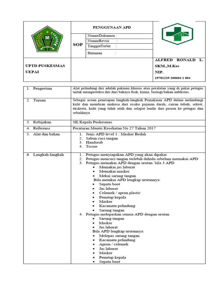 Sop Penggunaan Apd Dan Daftar Tilik | PDF | Kesehatan Holistik