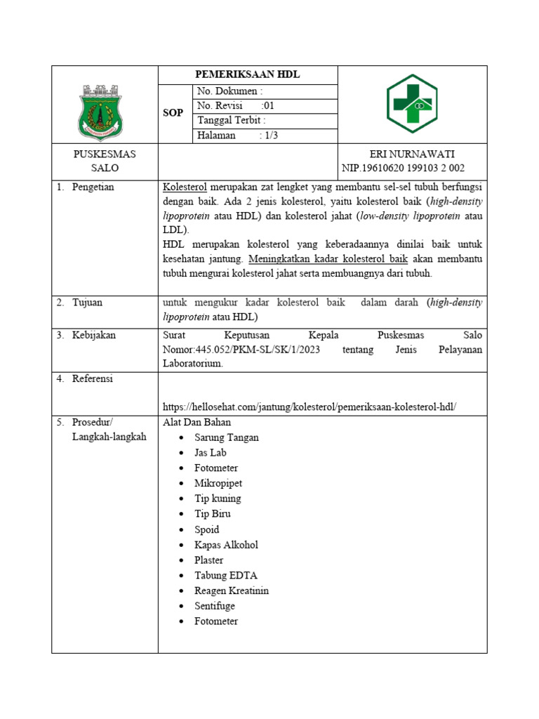Prosedur Pemeriksaan Kadar HDL | PDF