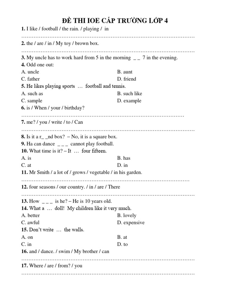 Bai Tap Luyen Thi Ioe Lop 4 | PDF