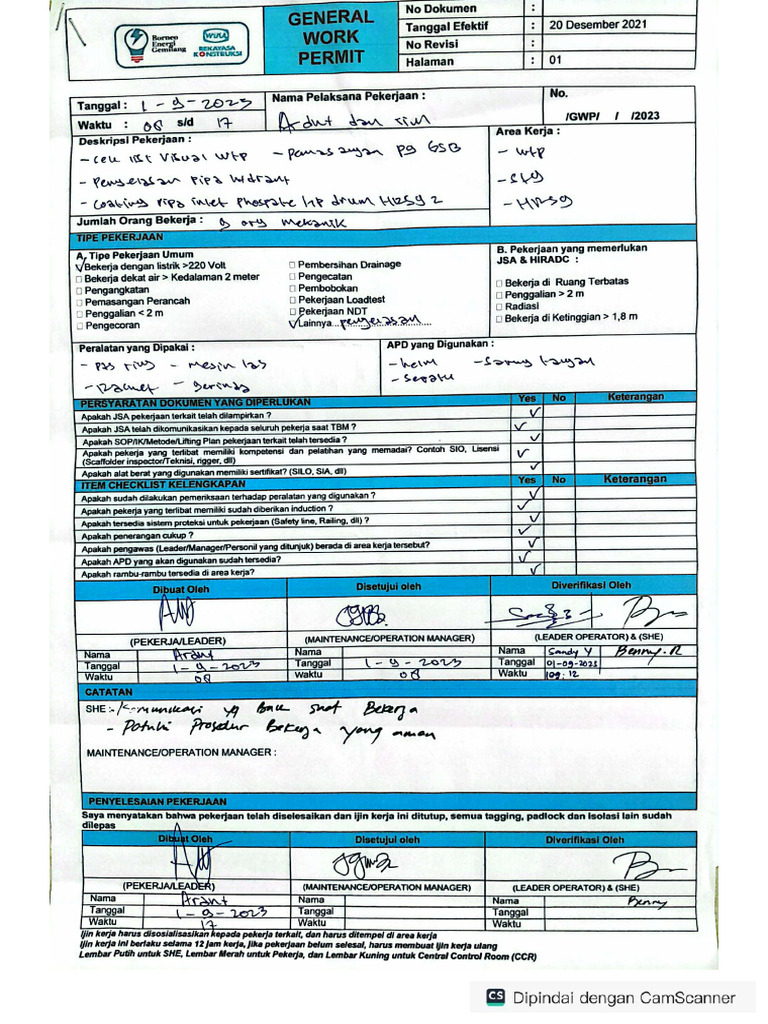 Work Permit & JSA Team Maintenance - 01 September 2023 | PDF