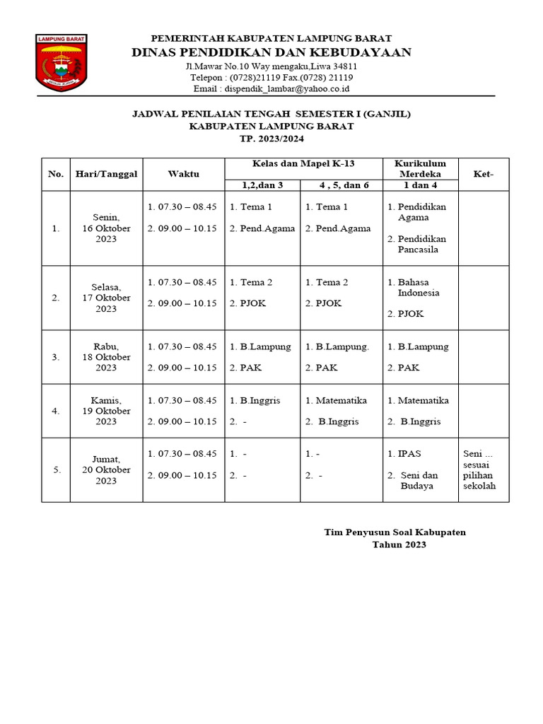 Jadwal PTS Ganjil Tahun 2023 | PDF